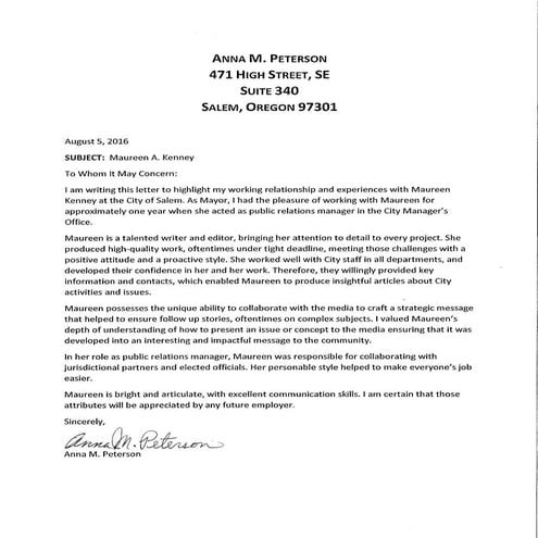 Letter of Reference - Mayor Anna Peterson - Maureen A. Kenney - August ...