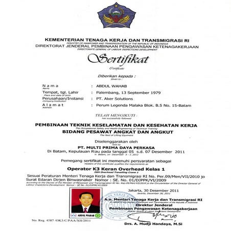 Certificate OPERATOR K3 KERAN OVER HEAD | PDF