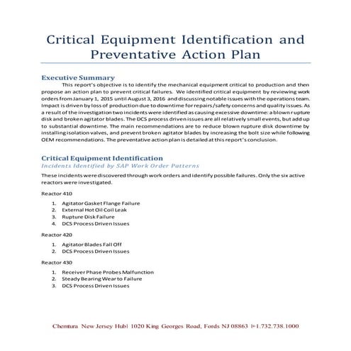Critical Equipment Identification and Preventative Action Plan | DOCX