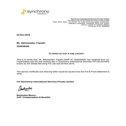 Resignation Accepatnce Synchrony letter of Mr. Abhinandan Tripathi | PDF