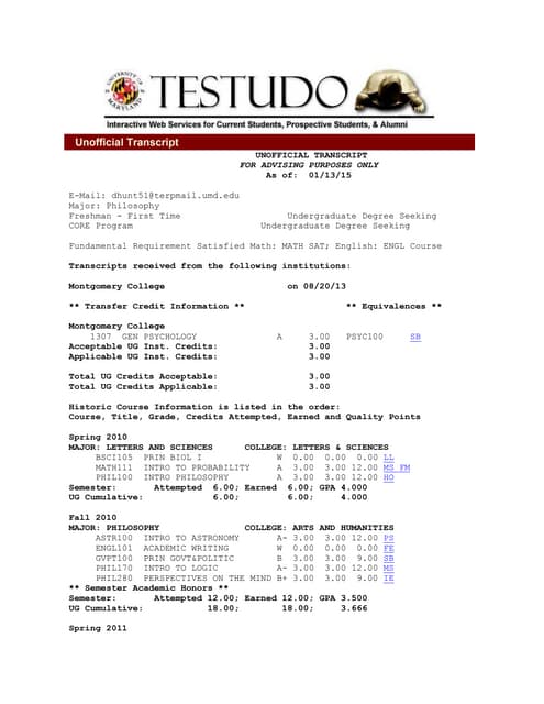 University of Utah Unofficial Transcript | PDF