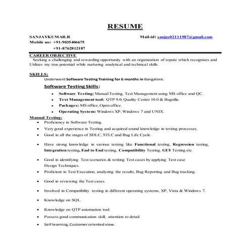 Sanjay(Resume) | DOCX | Operating Systems | Computer Software and Applications