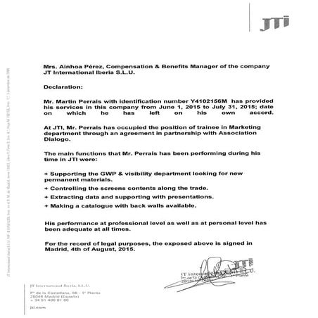 evidence JTI internship | PDF