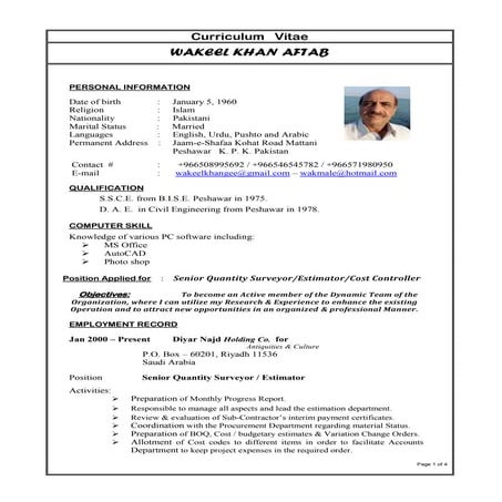 Wakeel Khan Aftab-CV | PDF | Civil Engineering Industry | Industries
