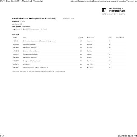 UoN _ Blue Castle _ My Marks _ My Transcript | PDF