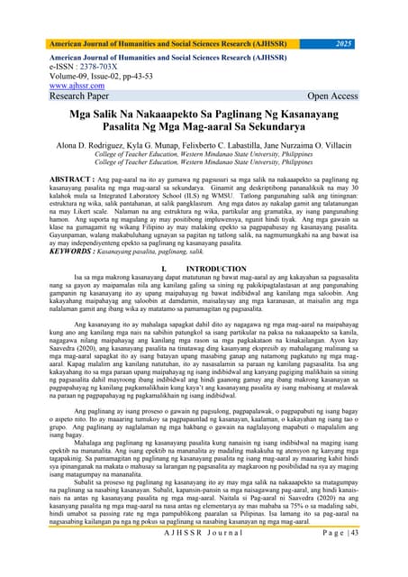 MGA SALIK NA NAKAAAPEKTO SA ANTAS NG PAGUNAWA SA PAGBASA NG MGA MAG-AARAL SA JUNIOR HIGH SCHOOL ...