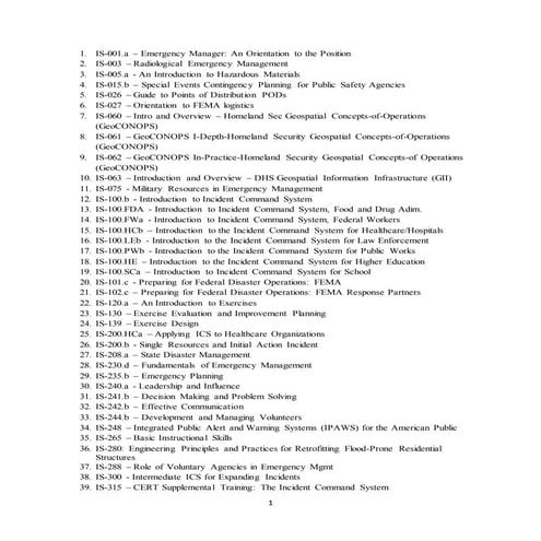 FEMA EMERGENCY MANAGEMENT CERTIFICATION CERTIFICATES LIST | DOCX