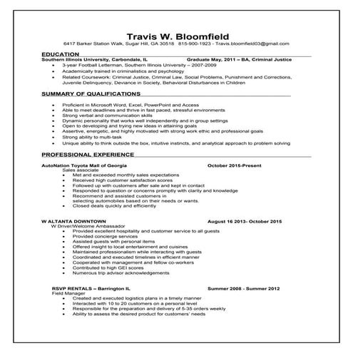 Travis Bloomfield Resume | DOC | Sports
