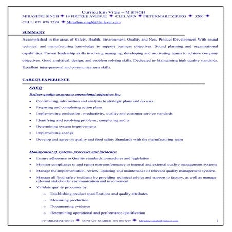 cv_Asst SHEQ Manager M.Singh_2015 | PDF