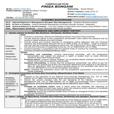Finiza Bongani Curriculum Vitae - Kim | PDF