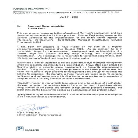 Recommendation Letter PARSONS Senior Regional Engineer RW | PDF