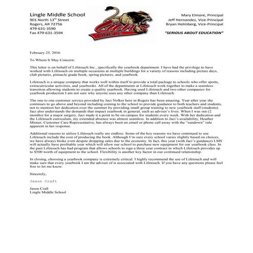 Lingle Middle School Reference Letter | PDF