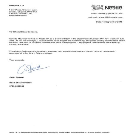 Nestle Recommendation letter 2015 | PDF