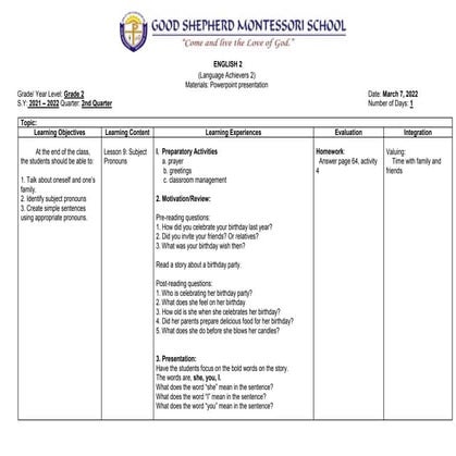 Semi detailed lesson plan in english(pronoun) | DOCX