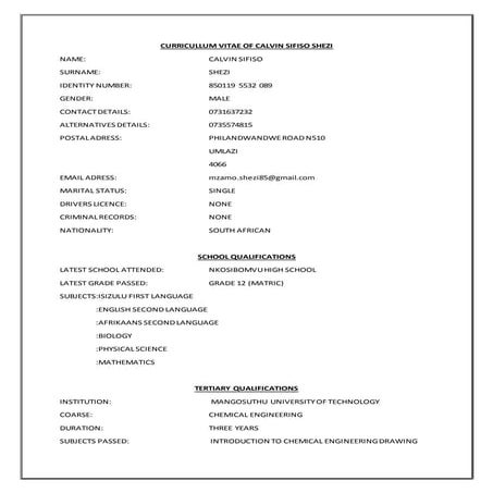 sfiso CV (1) | DOCX | Chemistry | Science