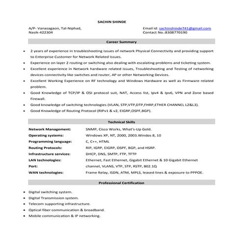 Sachin Network Engineer CV | PDF