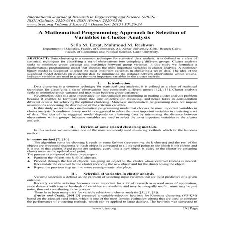 A Mathematical Programming Approach For Selection Of Variables In Cluster Analysis Pdf