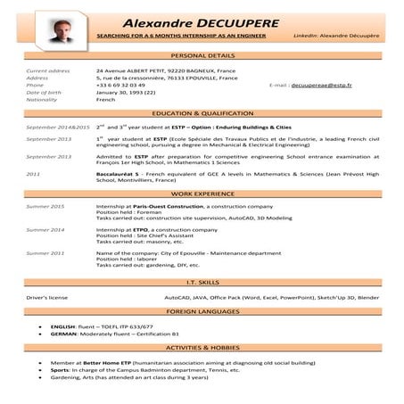 RESUME ALEXANDRE DECUUPERE_ESTP2015 | PDF