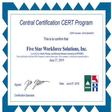 CERT New Certificate - Five Star Workforce Solutions, Inc. | PPT