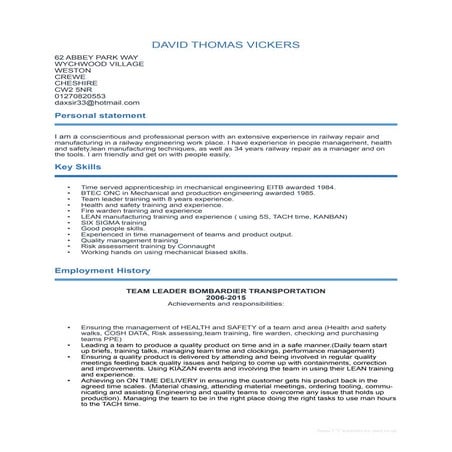 David Vickers Cv 2015 Aug | PDF