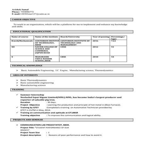 Avishek Samal CV(Fresher Btech Mechanical) | PDF