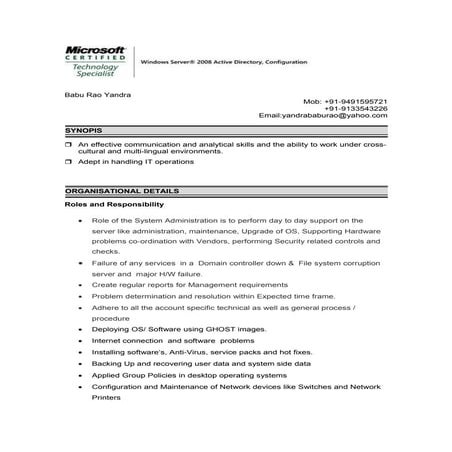 Resume | DOC | Operating Systems | Computer Software and Applications