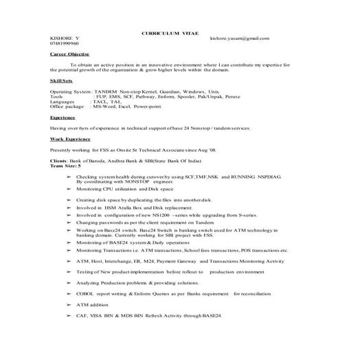 Kishore_cv.doc | Operating Systems | Computer Software and Applications