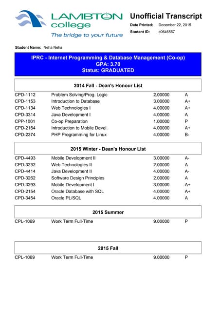 Lambton_Student_Transcript (2) | PDF | Computing | Technology & Computing