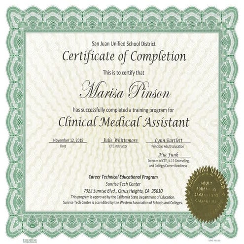 MARISA A. PINSON Clinical Medical Assistant Certificate of Completion ...