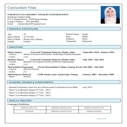 CV-Farah Elyana Khairul Nisaq Bt Kamarazaman | PDF