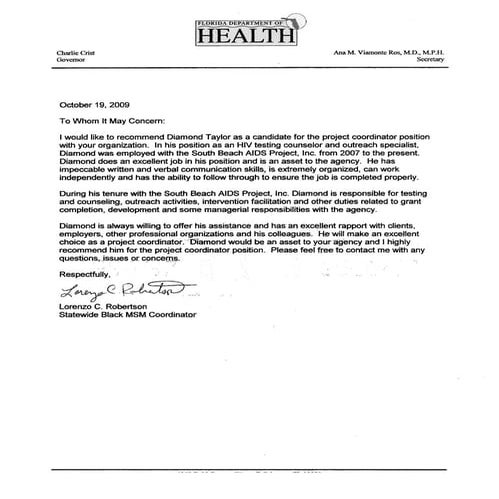 Department of Health Letter of Recommendation | PDF