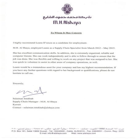 Al Shaya Reference Letter | PDF