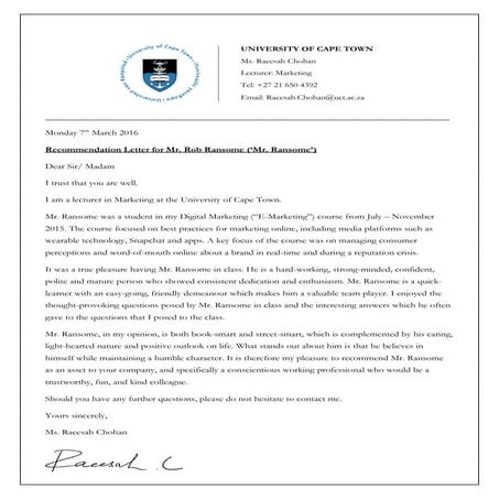 University of Cape Town - Letter of recomendation | PDF