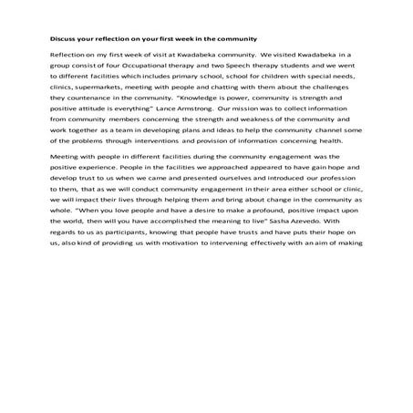 Discuss your reflection on your first week in the community | DOCX