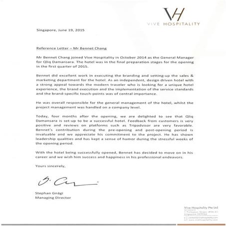 Reference Letter - VIVE Hospitality | PDF
