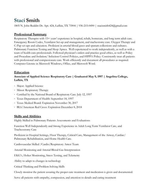 Susan's Professional Respiratory Resume | PDF