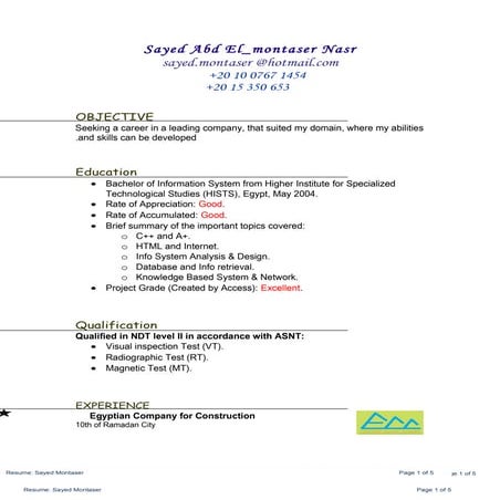 Sayed Resume | DOC | Resume Writing and Advice | Job Search