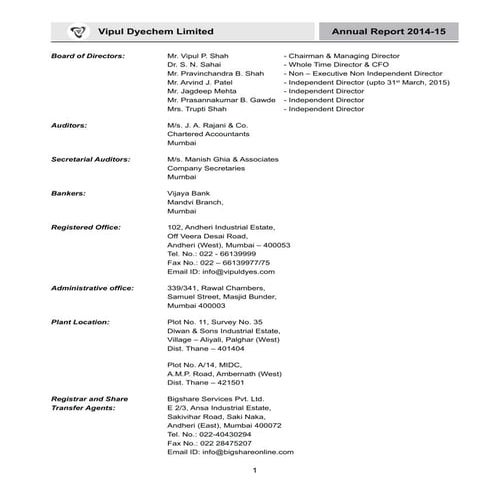 Vipul Dye Chem AR - 2014-15 (23.09.2015) (final) | PDF