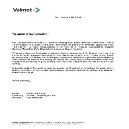 Reference Letter - Valmet | PDF