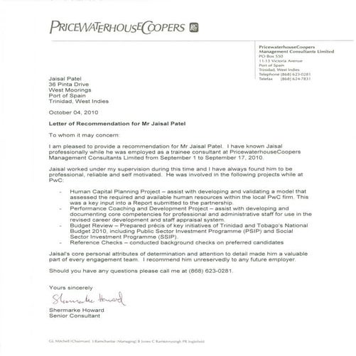 PriceWaterhouseCoopers Reference Letter | PDF