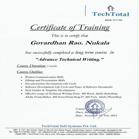 Certificate of Training- Technical Writing-Gov | PDF