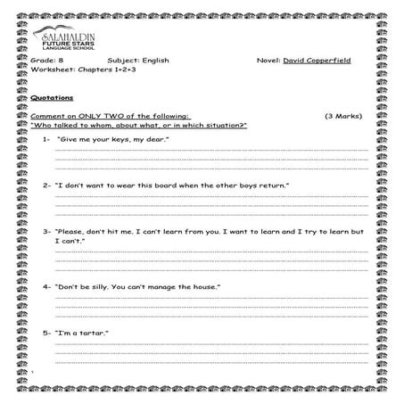 David Copperfield Chs 1+2+3 Quotaions Worksheet | PDF
