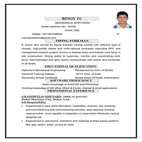 Piping foreman resume Binoy tc | DOC