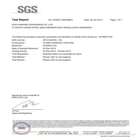 RoHS test report by SGS on 2012 | PDF