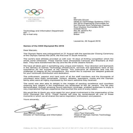 Thank you letters Rio 2016 Olympic Games - M. Souza | PDF