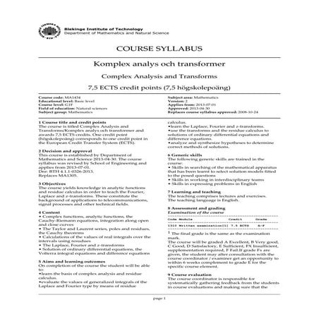 Syllabus-MA1434-Complex Analysis and Transforms | PDF