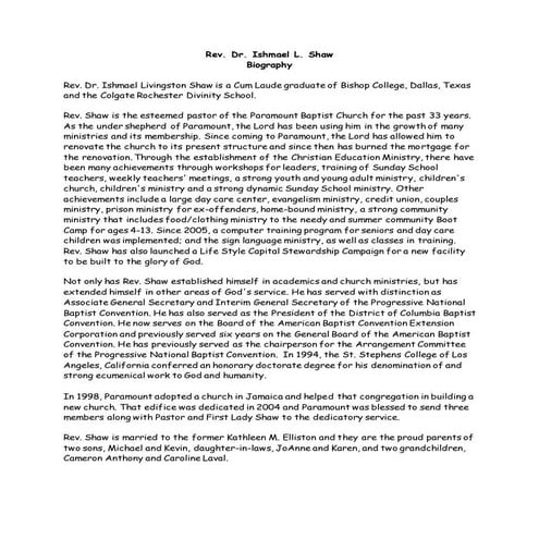 PastorShaw_BIO_Oct 2015 | DOCX | Christianity | Religion & Spirituality