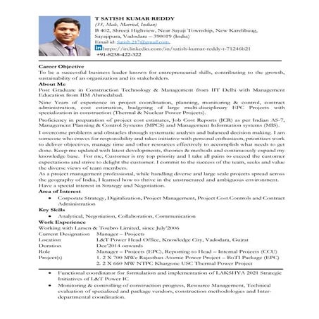 Satish Kumar Reddy CV | PDF | Civil Engineering Industry | Industries