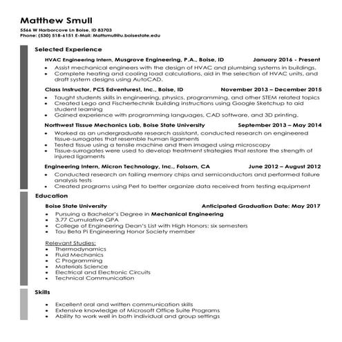 Matt Smull Resume | PDF | Undergraduate Education | College Education