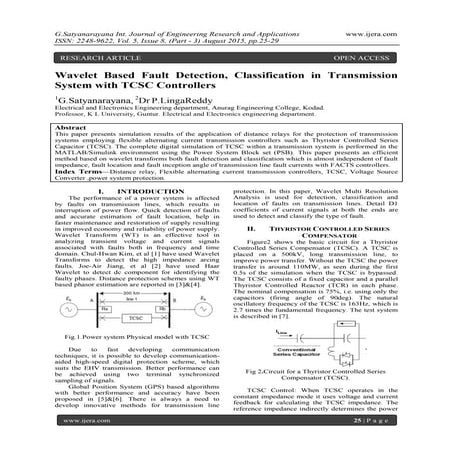 Wavelet Based Fault Detection Classification In Transmission System With Tcsc Controllers Pdf